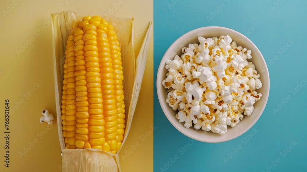A split-screen image showcasing a raw corn cob on one side and a bowl ...