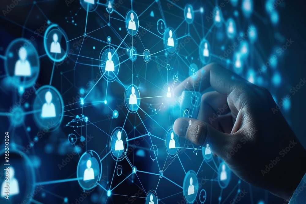 Hand touching social network and digital connection with people icon on ...