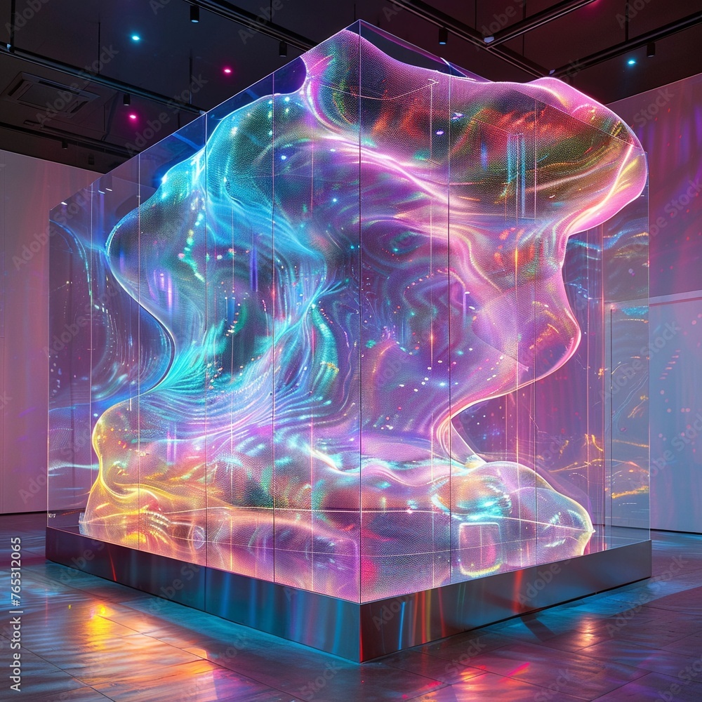 Imagine a futuristic art gallery floating in zero gravity with ...