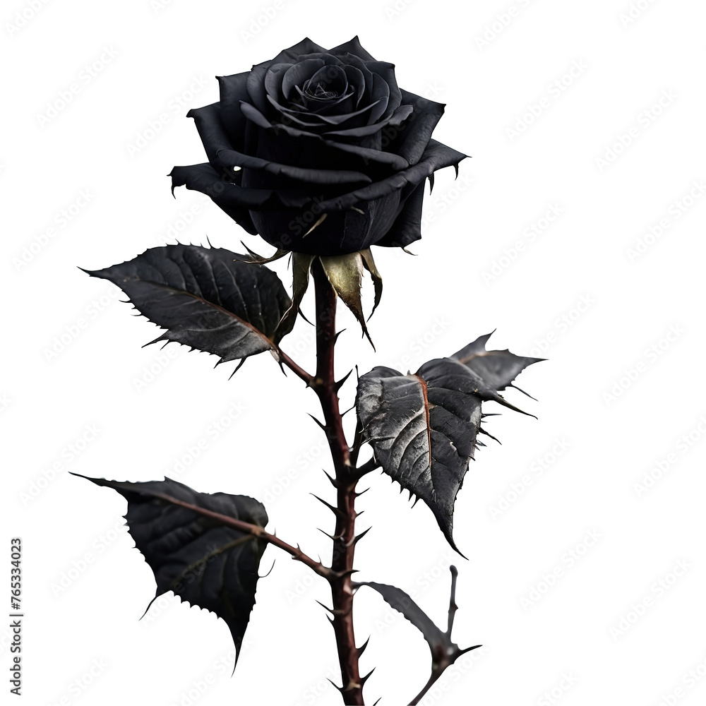 black rose with black thorny branch on transparent background ...
