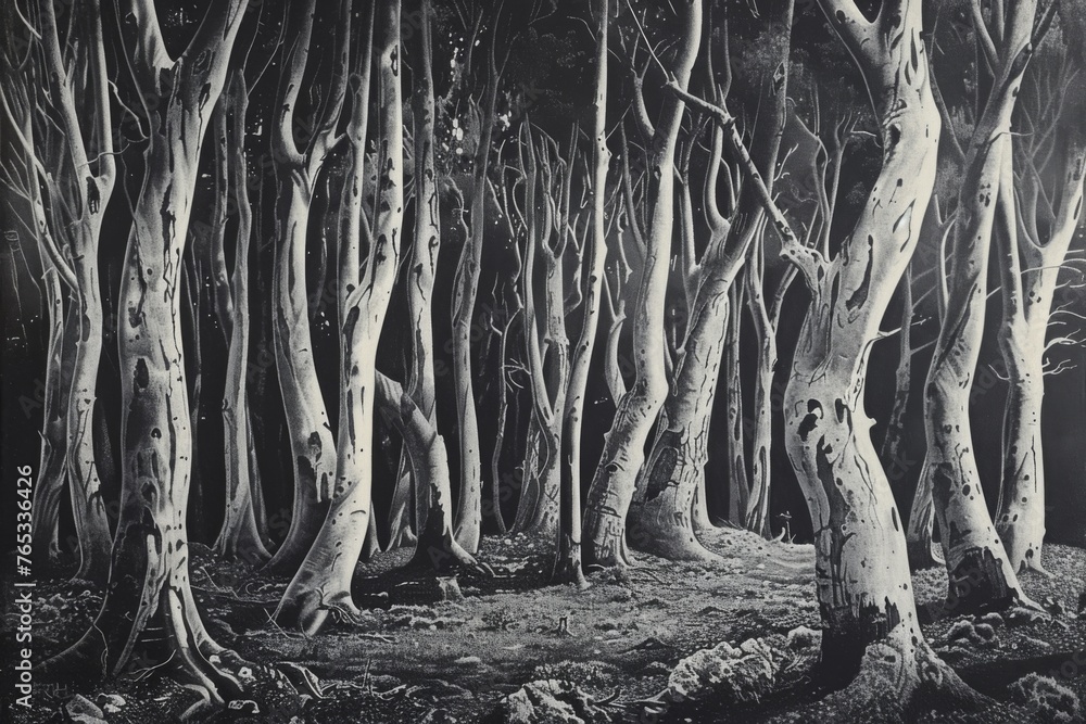 Mystical black and white forest of ghost trees - Ethereal portrayal of ...