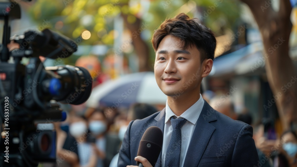 Reporter conducting an interview outdoors - Male reporter with a mic ...
