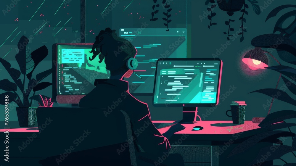 Illustrated programmer coding with dual screens - A tranquil workspace with a developer working ...