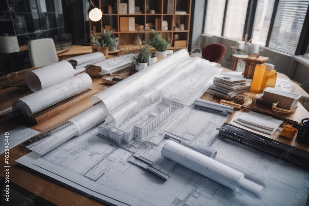 architect's workplace with architectural project blueprints on the ...