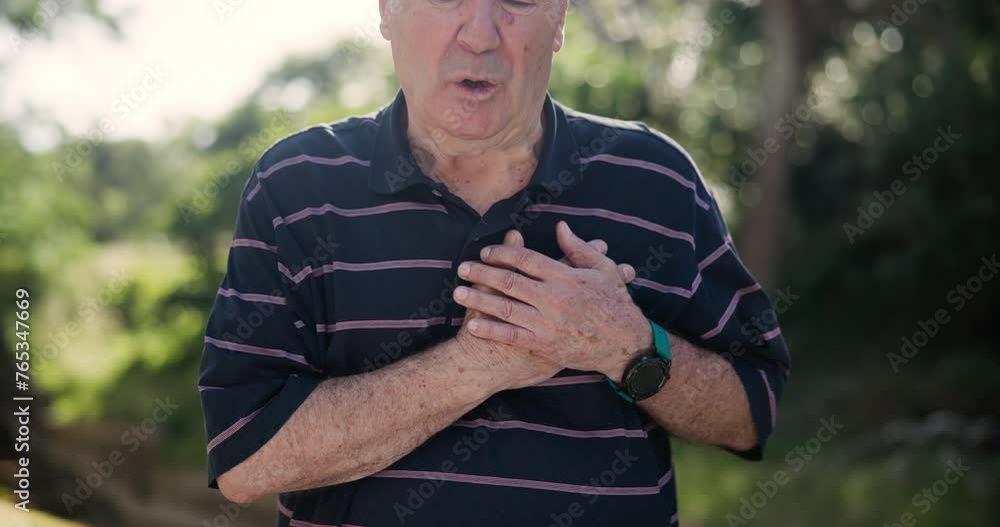 Hands, chest pain and heart attack with old man outdoor, breathing ...