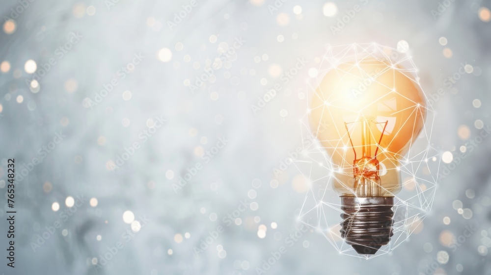 Glowing light bulb with connections on blue - A conceptual image of a ...