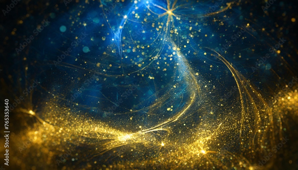 abstract blue and gold background with particles golden dust light ...