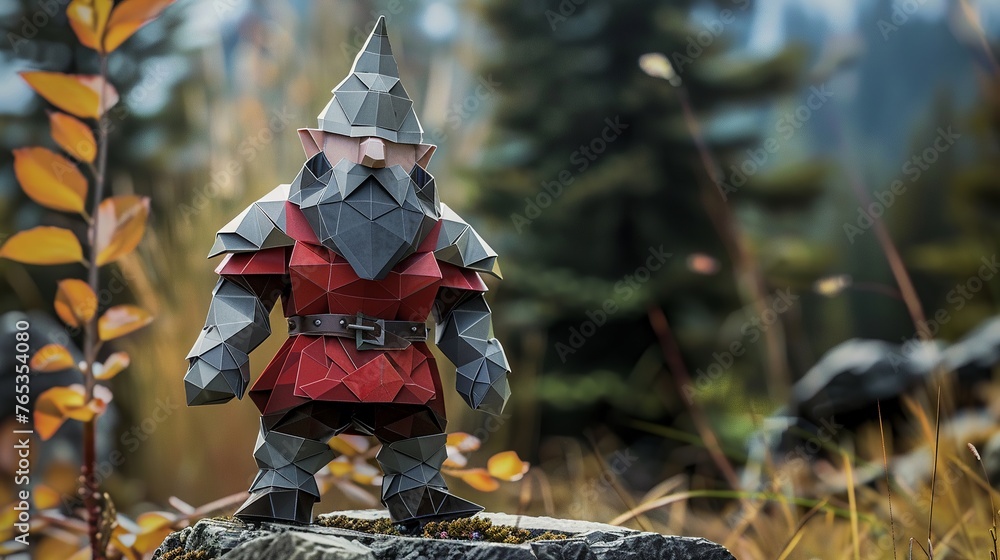 Meticulously folded papercraft gnome knight armor, standing tall and ...