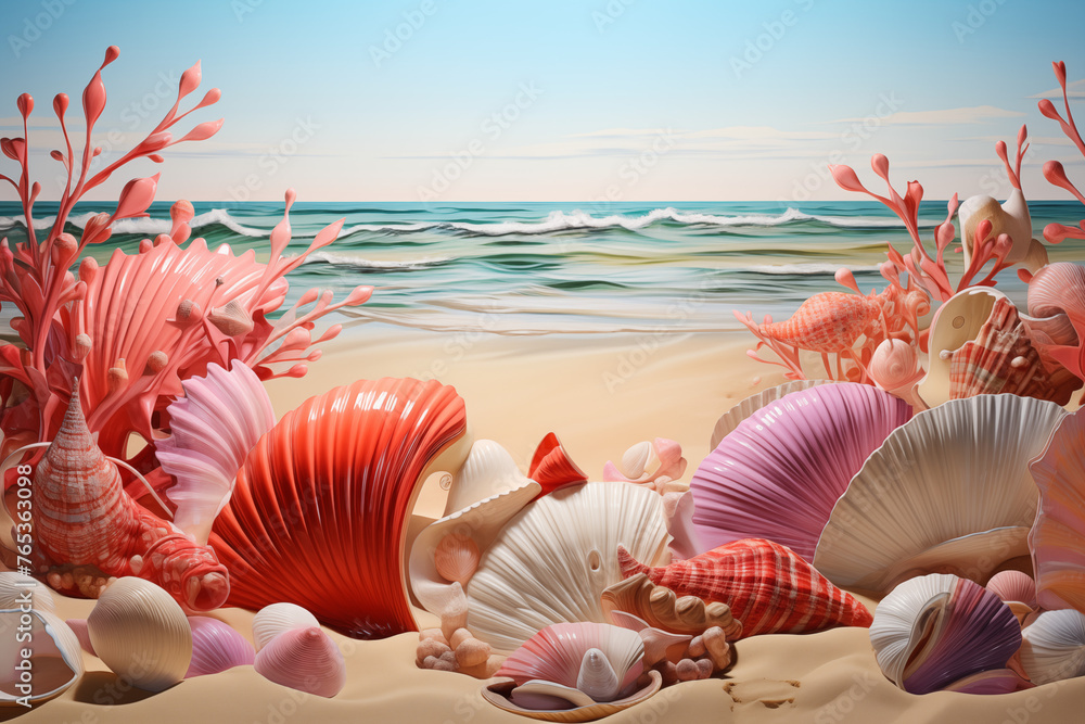 The combination of seashells and summer color forms a captivating and ...