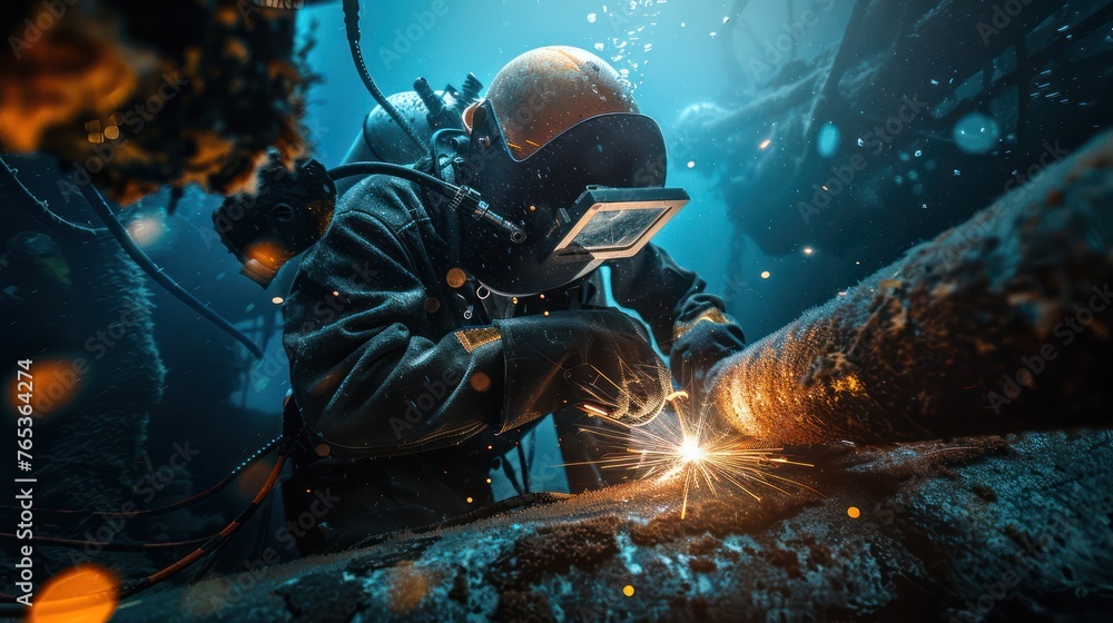 Underwater welders working at Sparks turn on lights on the seabed to ...