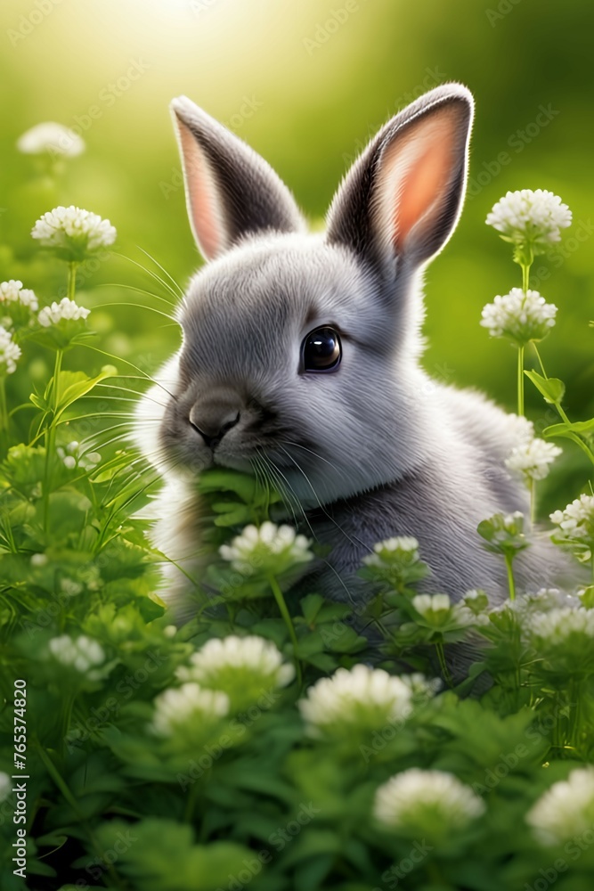 Cute rabbit cub nestled in a bed of clover, its eyes twinkling with ...
