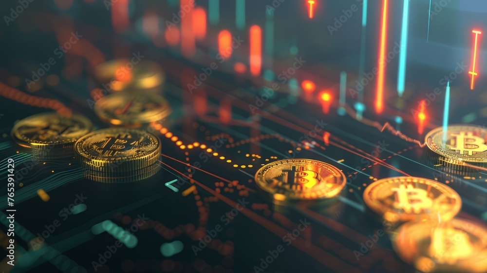 generative AI illustration featuring neatly arranged golden Bitcoin ...