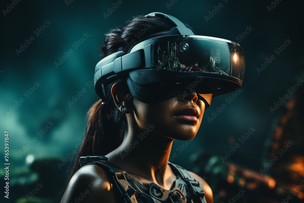 A woman in a vr driving school simulator confidently maneuvers a car ...