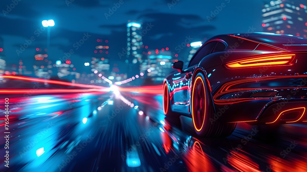 The rear view of a hypercar with glowing lights zooming along a city ...