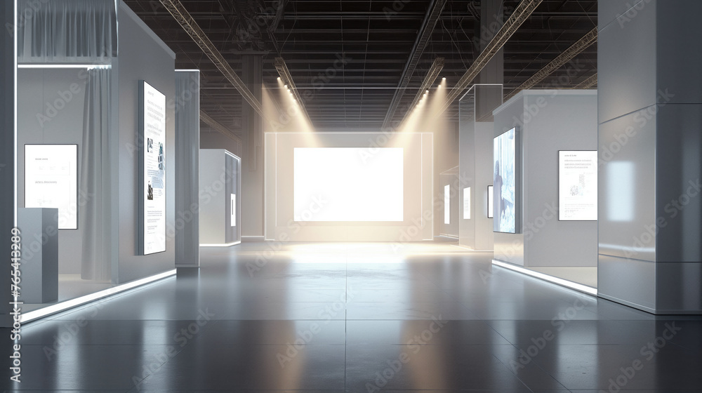 Bright white exhibition space, presentation with canvases and paintings ...