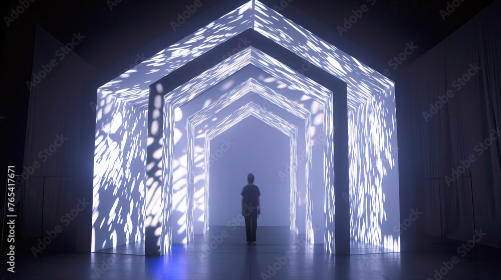 Luminous rectangular arch made of columns with light patterns. Designer ...