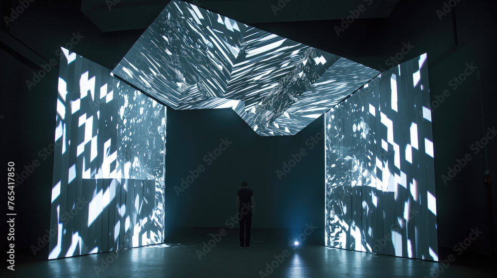 Luminous rectangular arch made of columns with light patterns. Designer ...