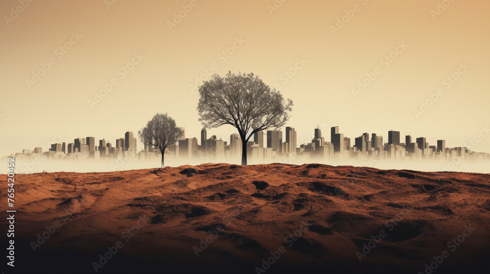 A tree surviving in dry, polluted soil, growing amidst cracked ground ...