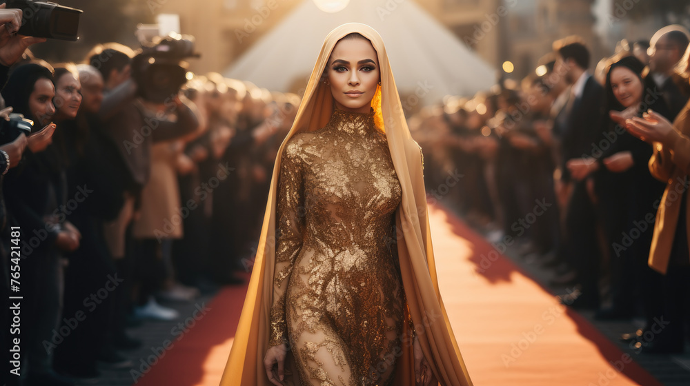 Moslem hijab famous celebrity with beautifulgold pink dress, walking ...