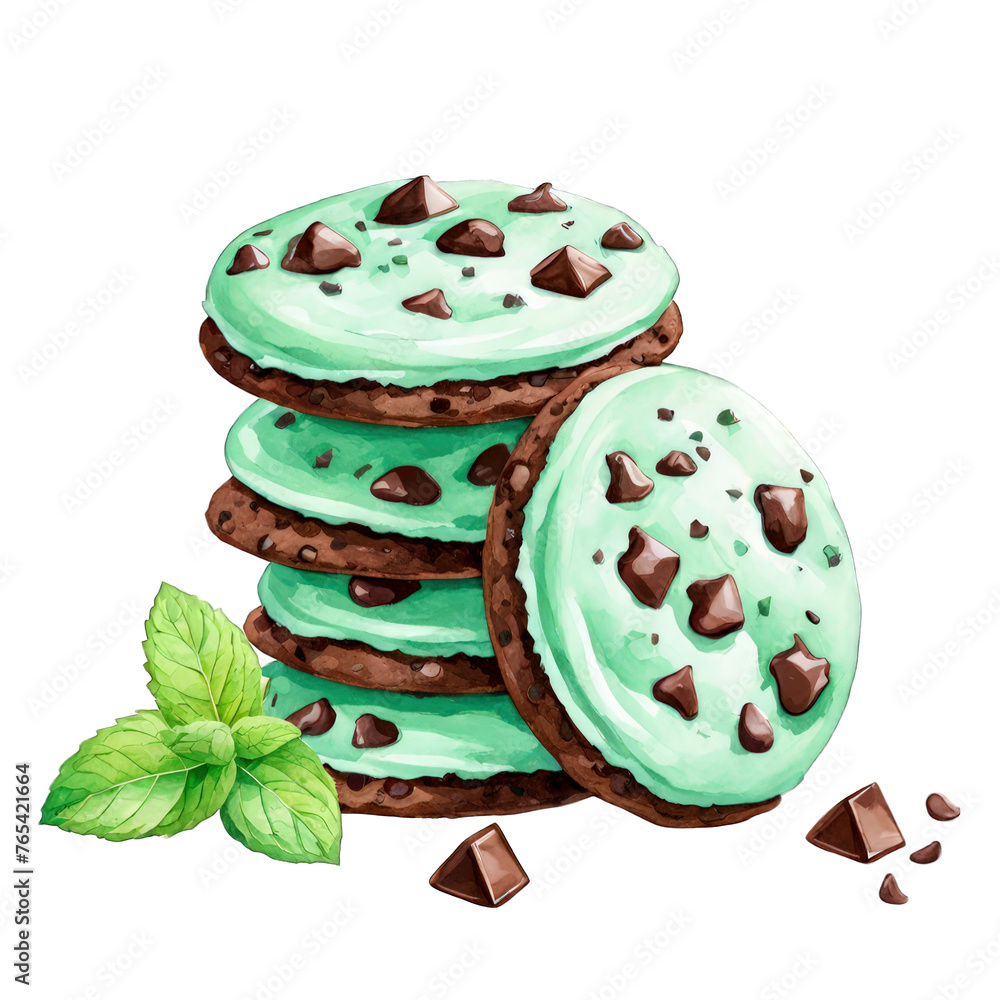 Mint chocolate cookies isolated on white background, with mint leaves ...