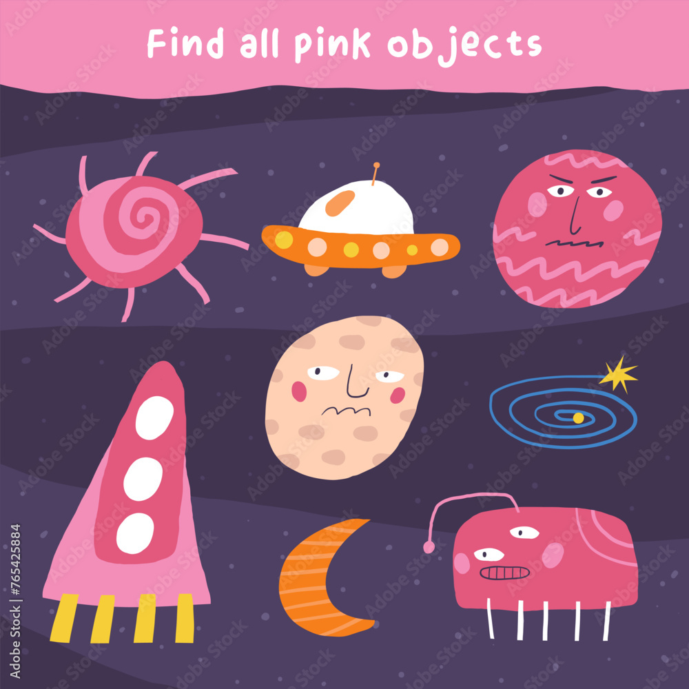 Learn colors space game for kids. Cute hand drawn doodle funny cosmos ...