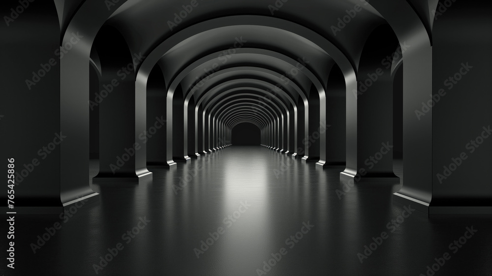 An atmospheric image of a dark corridor with many illuminated arches ...