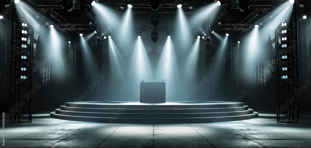 Modern and stylish stage interior with spotlight lighting reflected on ...