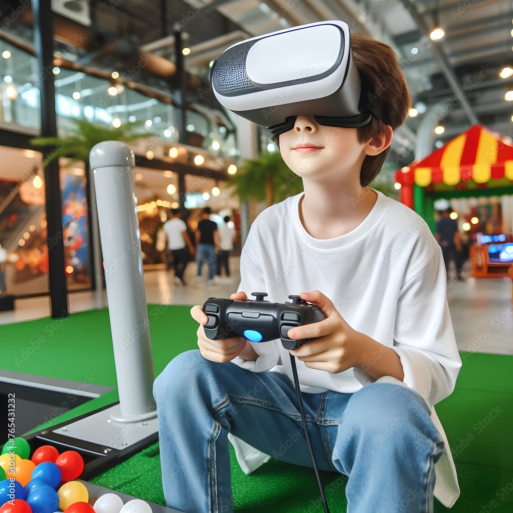 kid at an indoor playground using a virtual reality box and RC ...
