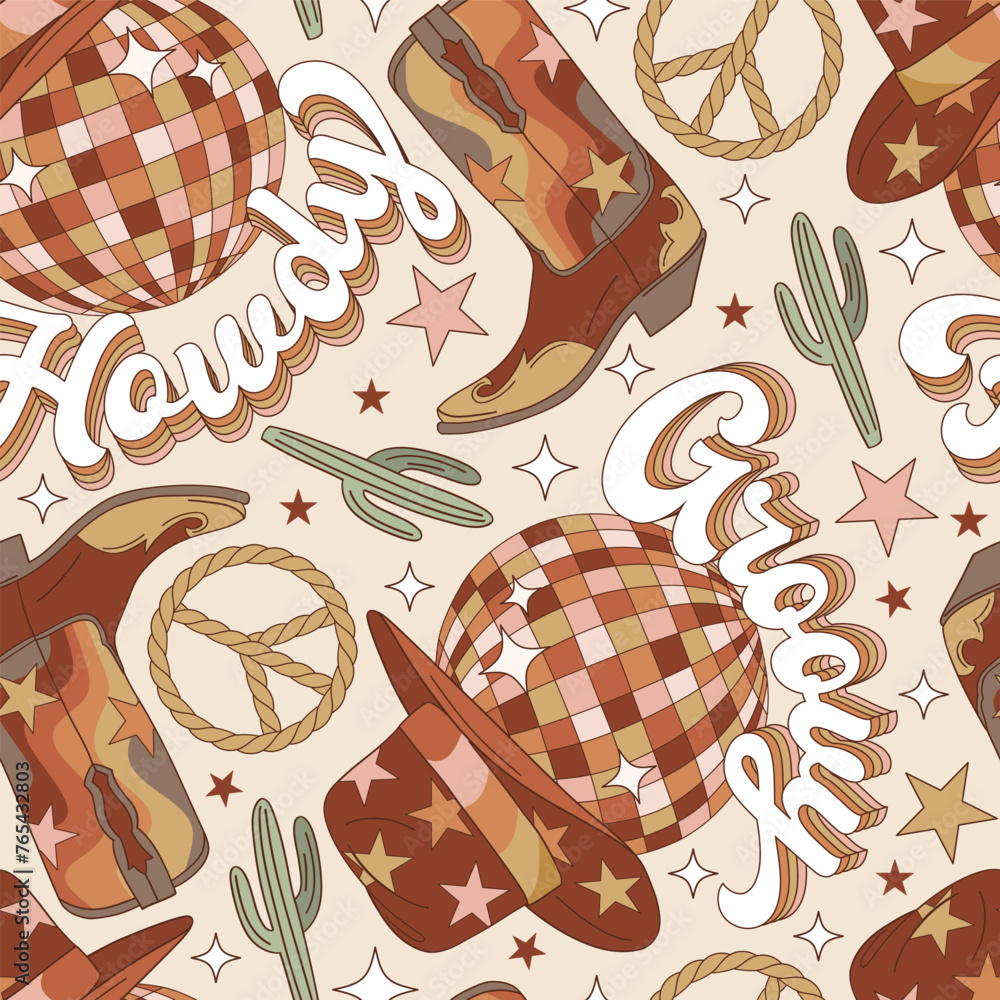 Groovy howdy western disco ball in cowboy hat rodeo boots rope peace ...