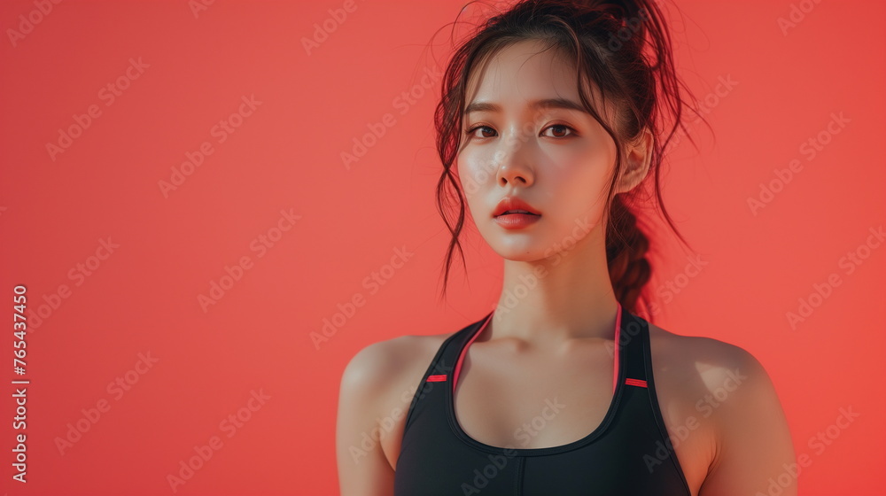 Korean female fitness model wearing a tank top. Looking at the camera ...