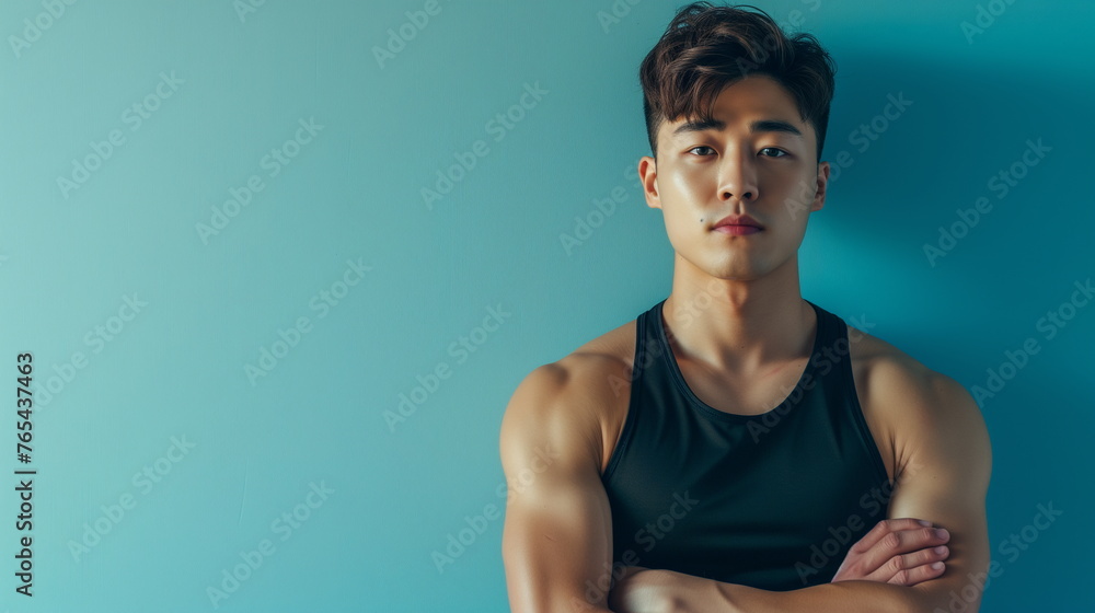 Muscular Korean male fitness model wearing a tank top and standing with ...