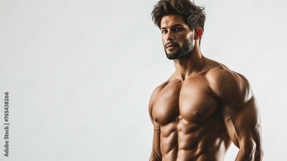A muscular male fitness model showing off his defined abs and beard ...