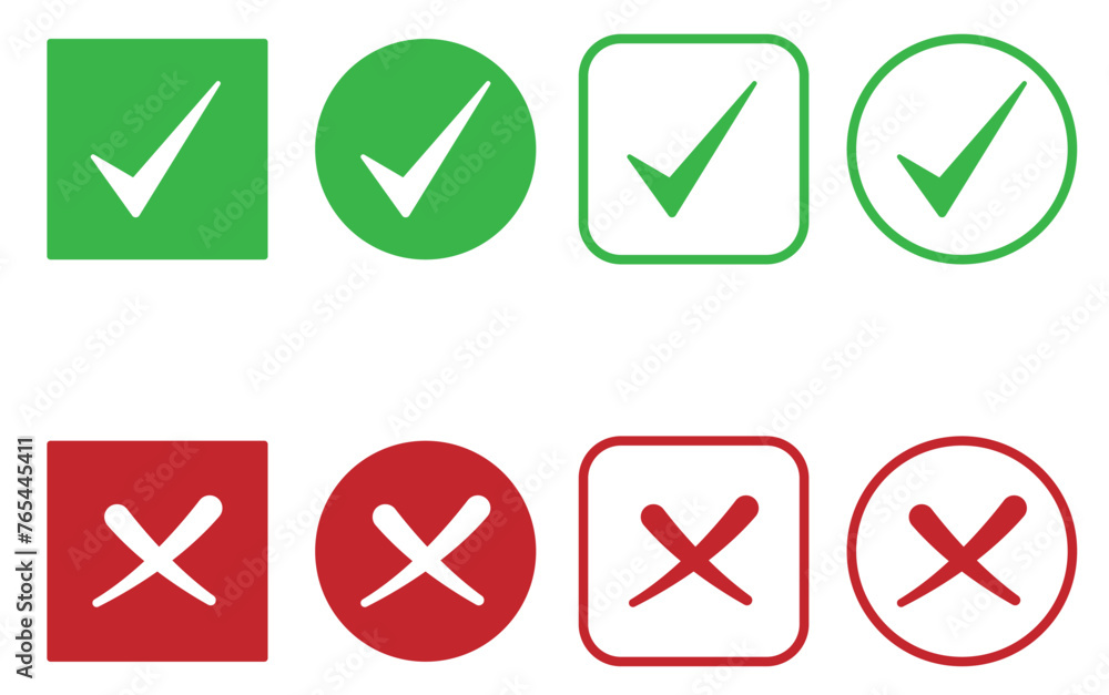 Green check mark, red cross mark icon set. Isolated tick symbols ...