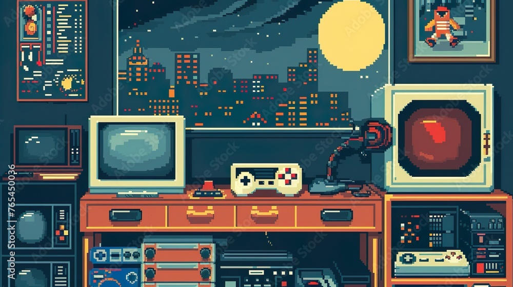 A retro pixel art background with graphics and retro gaming elements ...