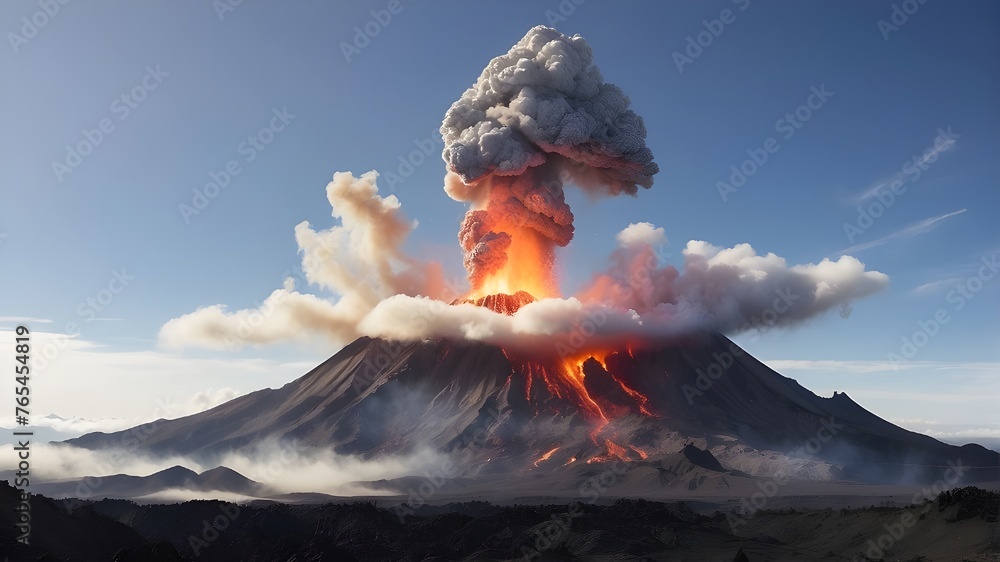 Volcano erupting and lava pouring, A massive column of ash shoots out ...