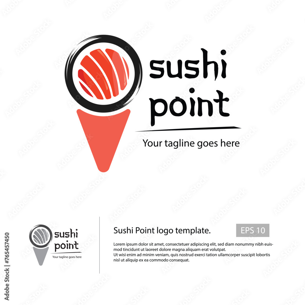 Sushi point logo template with a simple meat vector that combined with map pin, that suitable ...