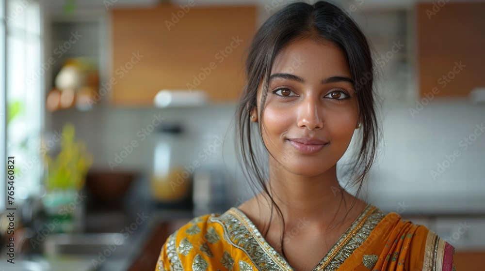 Self-assured, attractive Indian lady gazing at the camera in her ...
