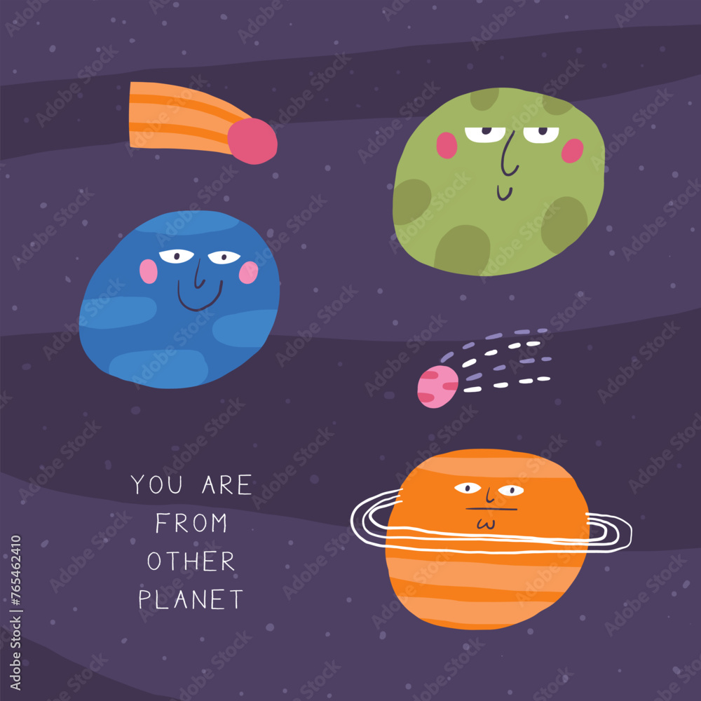 Cute space postcard with funny hand drawn doodle planets, Saturn, comet ...