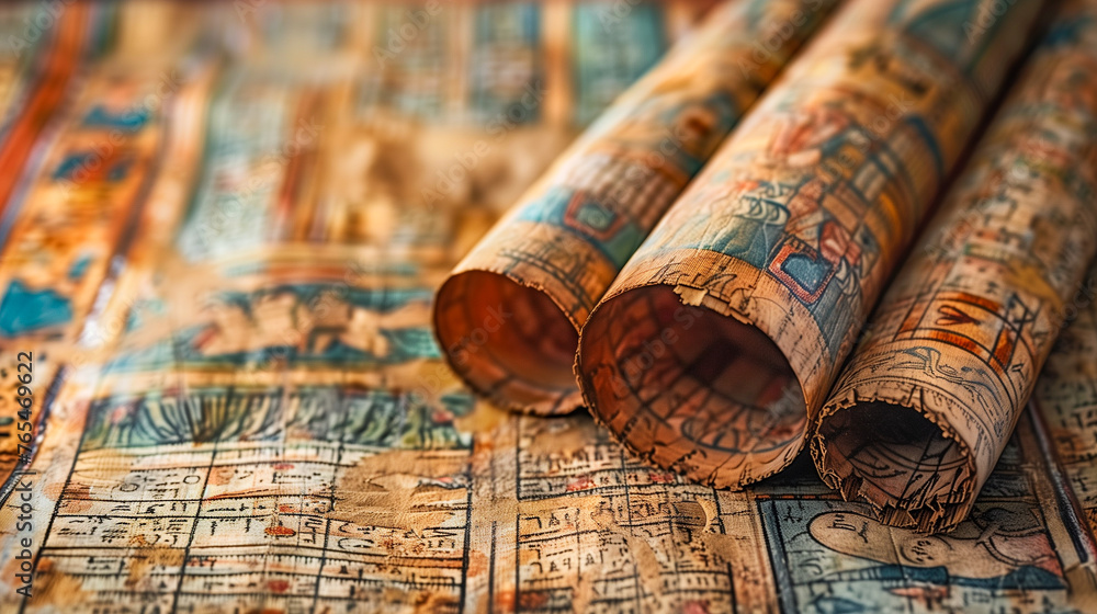 Ancient rolled-up maps with intricate details and drawings, symbolizing ...