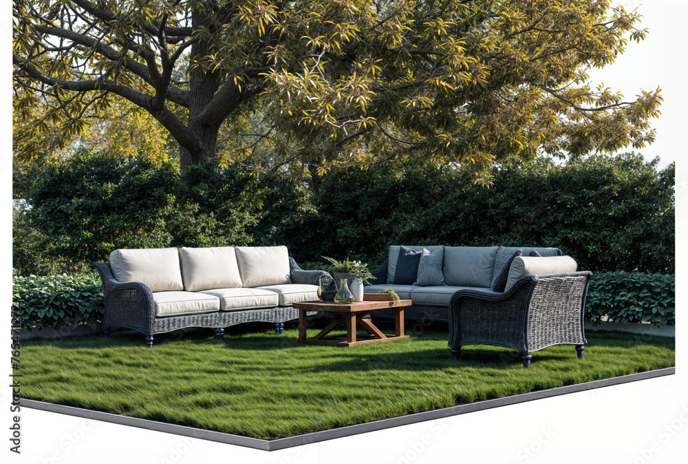 outdoor furniture mockup in lawn landscape with tree and hedge wall ...