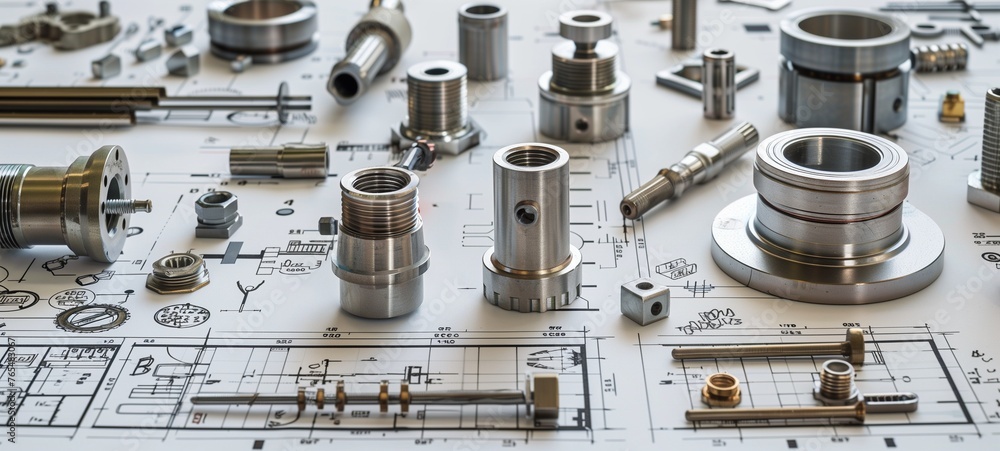 Array of precision-engineered mechanical parts and components displayed ...