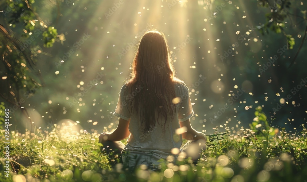 Life is Beautiful concept image with back of a peaceful woman in middle ...