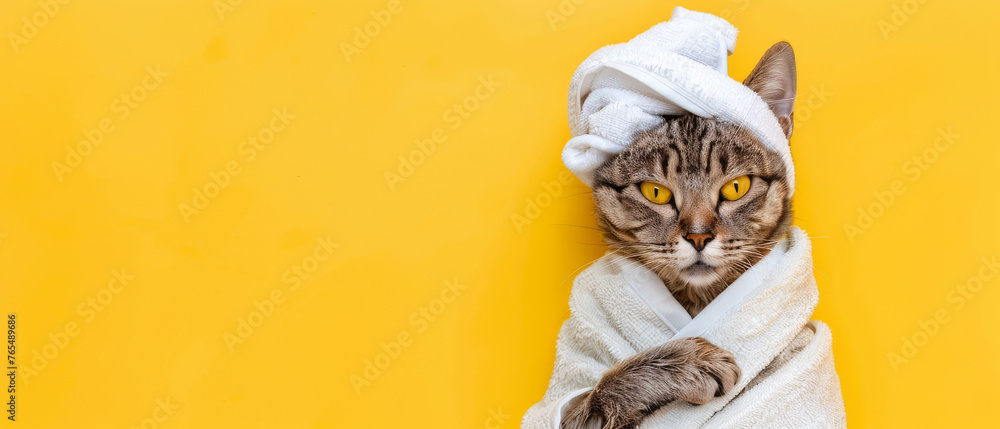 With a piercing gaze, this elegant feline draped in a towel conveys a ...