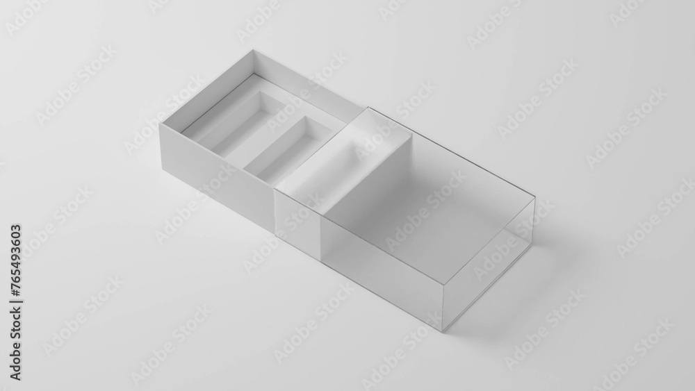 Slide transparent plastic sleeve box mockup, perspective view open empty rigid box, slid-open ...