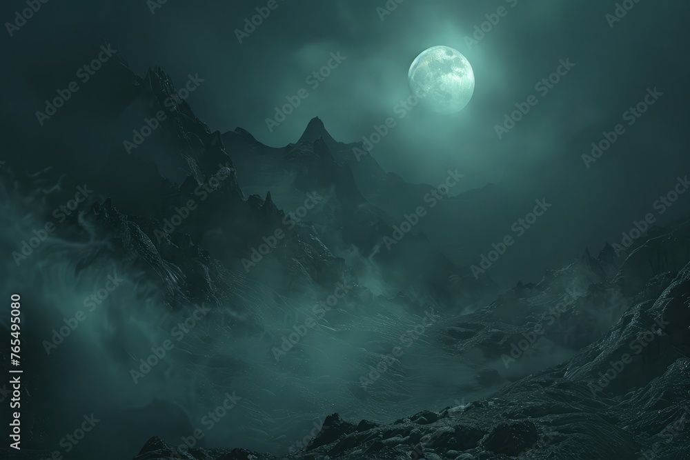 Night time Fog Covered Mountain lit by bright Full Moon. Makes for a ...