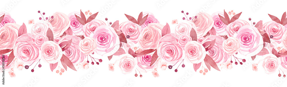 Watercolor pink floral borders, bouquets. Light pink flowers, leaves ...