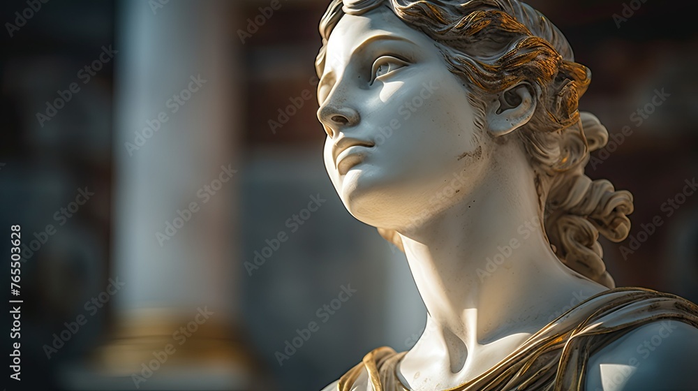 Antique statue in close-up. An old Greek or Roman monument with gold ...
