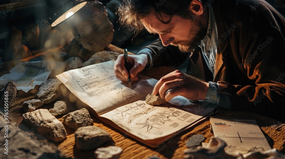 Archaeologist examining Beaker culture artifacts, detailed notes and ...