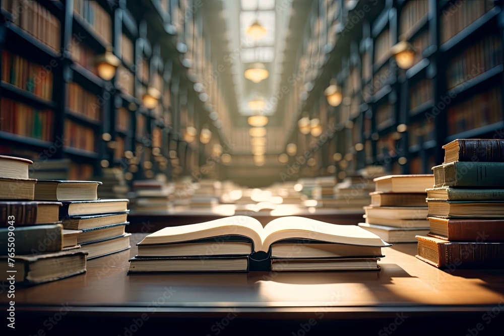 Education learning concept with opening book or textbook in old library ...