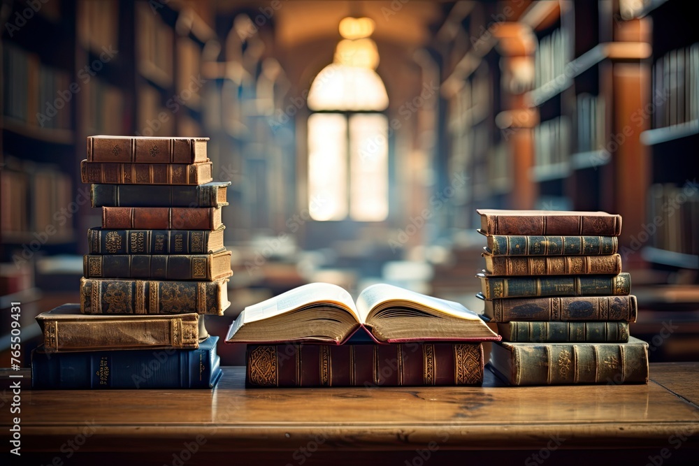 Education learning concept with opening book or textbook in old library ...